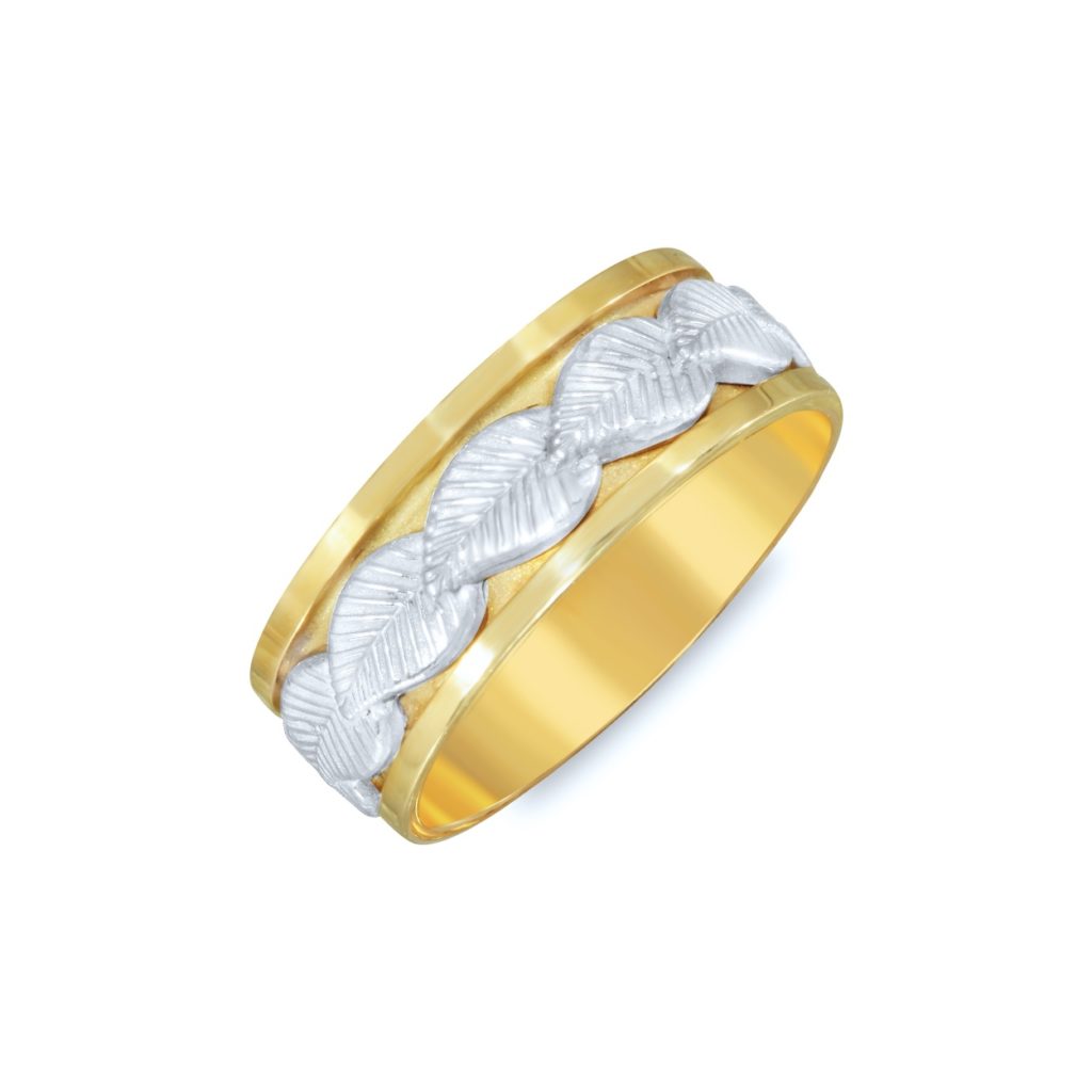 Two Tone Leaf Design Wedding Band. 7mm - Monte Christo Trade Corporation